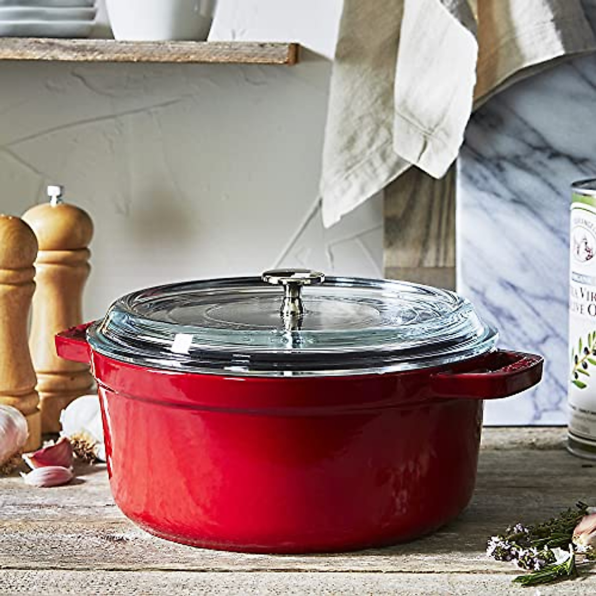 Staub Cast Iron Dutch Oven 4-qt Round Cocotte with Glass Lid, Made in France, Serves 3-4, Cherry