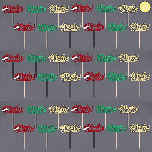Gexolenu 36 Pcs Merry Christmas Cupcake Toppers, Double-Sided Glitter Mix Christmas Tree Hat Gift Cupcake Picks For Celebrating Christmas Theme New Year Xmas Holiday Party Cake Decoration Supply
