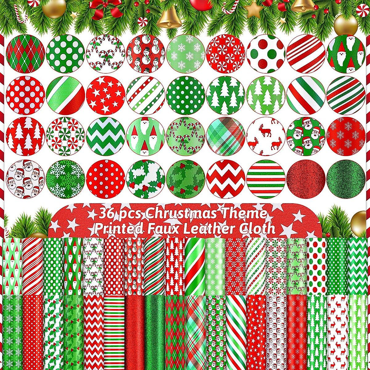 36 Pieces Christmas Faux Leather Sheets Glitter Faux Leather Fabric Snowflake Snowman Printed Christmas Fabric Synthetic Leather Sheet for DIY Christmas Craft Making, 8.3 x 6.3 Inch (Fresh)