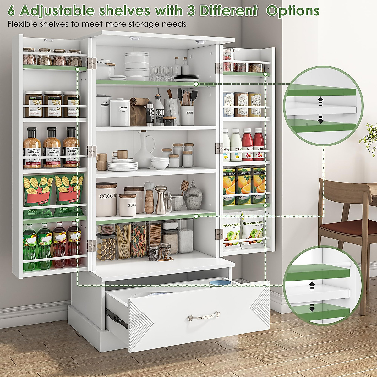 Bigbiglife 47" Kitchen Pantry Cabinet, Kitchen Storage Cabinet with Doors and Adjustable Shelves, Freestanding Buffet Cupboards with Drawer for Kitchen, Living Room and Dining Room, White