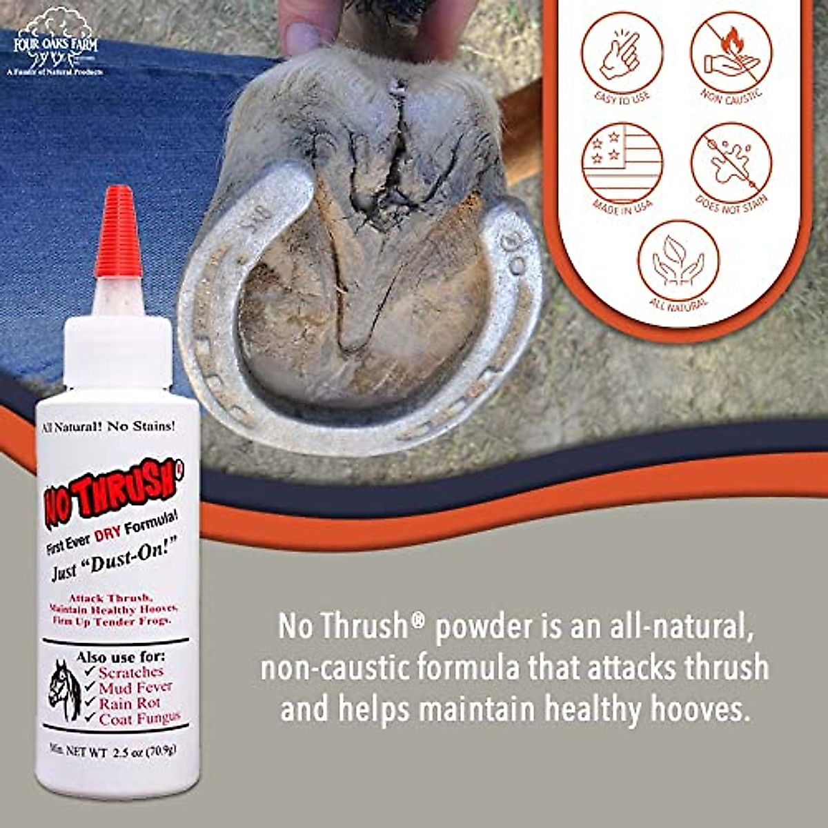 Four Oaks Farm Ventures, No Thrush Dry Powder Treatment for Horses - Wound Care, Scratches, Rain Rot, Mud Fever, Coat Issues - All Natural Ingredients, Non-caustic, Easy to Use Powder Formula (2.5 oz)