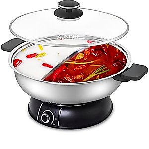 Austric Electric Shabu Shabu Hot Pot, 304 Stainless Steel Hot Pot with Divider Electric pot with Tempered Glass Lid for Party, Family Gathering,5L large capacity… (HS-160BU-Classic)