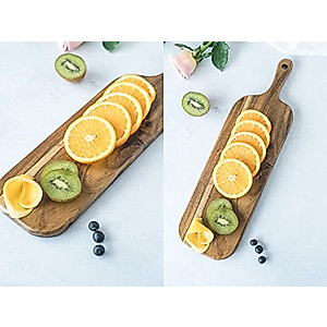 BILL.F Acacia Wood Cutting Board with Handle Small Size Long Wooden Charcuterie Board Paddle Cheese Board Serving Boards for Kitchen Meat, Pizza,Cheese, Bread, Vegetables &Fruits 16'' x 4.7'' x 0.6''