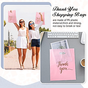 200 Pieces Plastic Thank You Bags Plastic Shopping Bags for Small Business Pink Gift Bags with Handles Merchandise Bags with Gold Thank You Logo for Party Stores Business Gift Supplies (12 x 15 Inch)