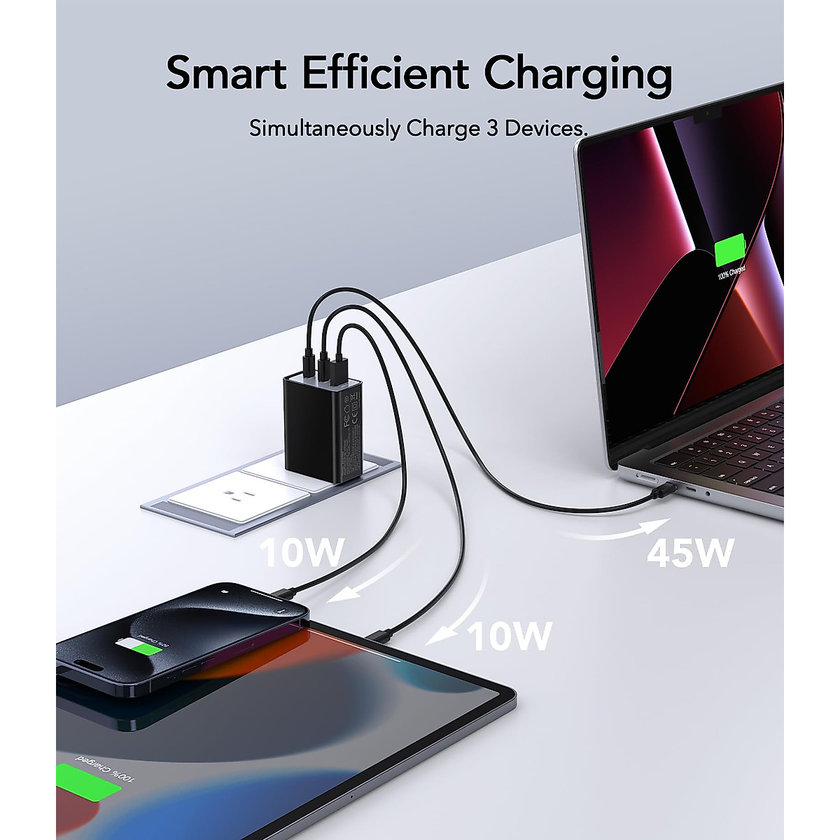 65W USB C Fast Charger Cube, 3-Port GaN Multi Type C Charging Station Hub, PD3.0 USB C Wall Charger Power Adapter Block Plug for iPhone 11/12/13/14/15/Pro Max, MacBook Pro, iPad, Laptops