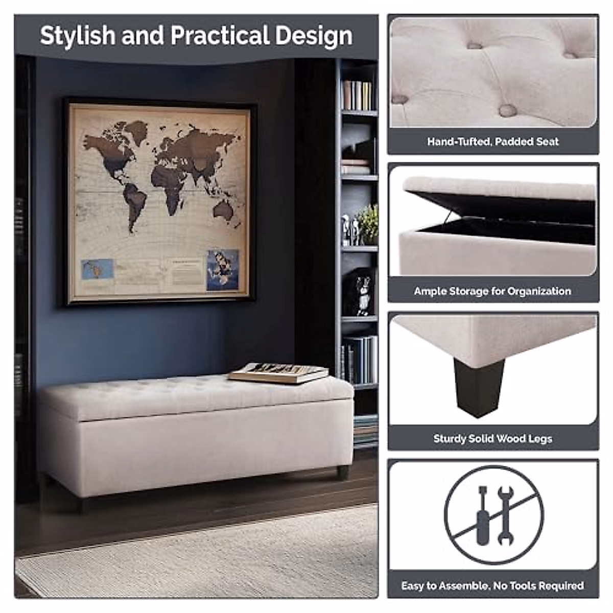 Madison Park Entryway Accent Bench for Living Room Flip Top Storage Chest, Shandra Tufted Top Upholstered Storage Bench End of Bed for Bedroom Furniture, Indoor Seating, 49"Wide, Navy