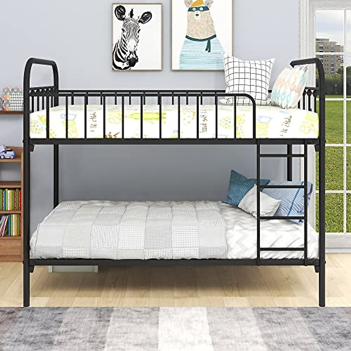 JURMERRY Metal Bunk Bed Twin Over Twin Beds with Sturdy Guard Rail & Ladder, Space-Saving Design/Noise Free/No Box Spring Needed,Black