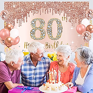 Happy 80th Birthday Banner Backdrop Decorations with Confetti Balloon Garland Arch, Rose Gold 80 Birthday Banner Balloon Set for Women, Pink 80 Year Old Bday Poster Photo Booth Decor