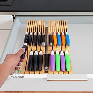 W Selections Bamboo Knife Drawer Organizer Insert - Kitchen Storage Holder for [18~26 Knives & 1~2 Honing Steel] Organization - Saves Countertop Space & Made of Premium Quality Moso Bamboo