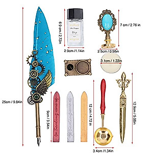 GLOGLOW Feather Pen Set, Vintage Calligraphy Quill Pen Set with 5 Nibs Stamp Pen Holder Letter Knife Spoon Empty Ink Bottle for Calligraphy Lovers Lake Blue