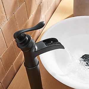 BWE Vessel Sink Faucet Waterfall Matte Black with Pop Up Drain Without Overflow and Supply Lines Bathroom faucets for Sink 1 Hole One Handle Faucets Vanity Bath Mixer Tap