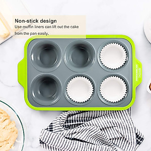 JXWING 6 Cups Non-stick Silicone Cupcake Baking Pan with Ergonomics Grips, Premium Stainless Steel Core Muffin Pan, Green
