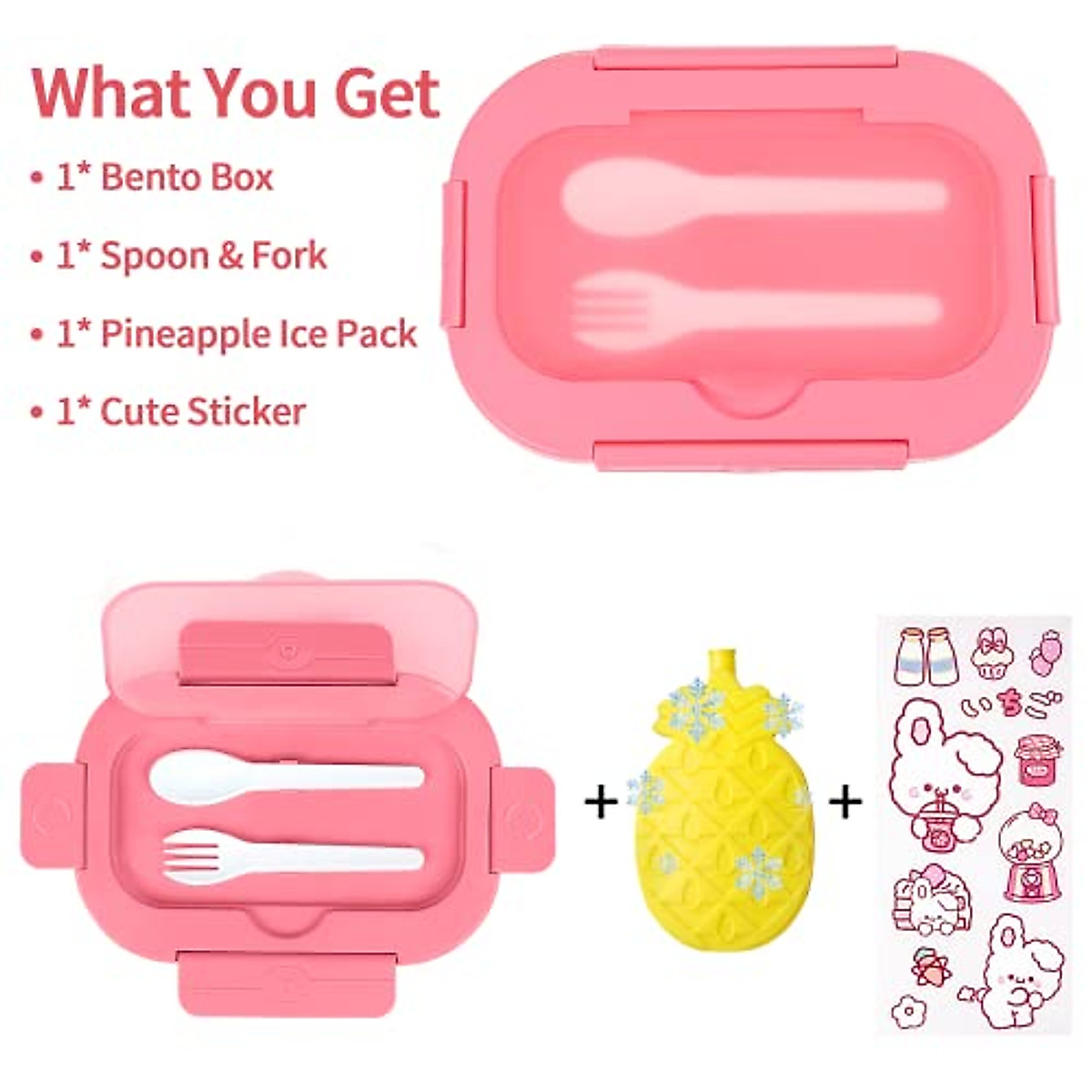 Bento Lunch Box for Kids with Ice Pack, 40oz 4-Compartment Leak Proof Lunch Box Container for Kids Girls/Teens/Adults with Utensils & Sticker, Microwave/Dishwasher/Refrigerator Safe, BPA Free, Pink