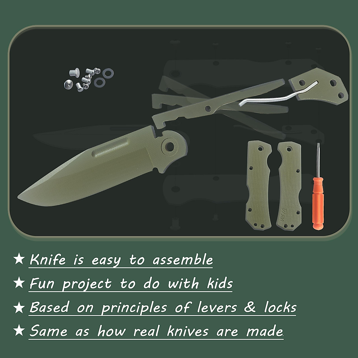 JIN Alpha G10 Kids Friendly Knife Toy Knives Fake DIY Knife Kit Dull Blade Safety Knife for Child, OD Green G10 Blade & Handle