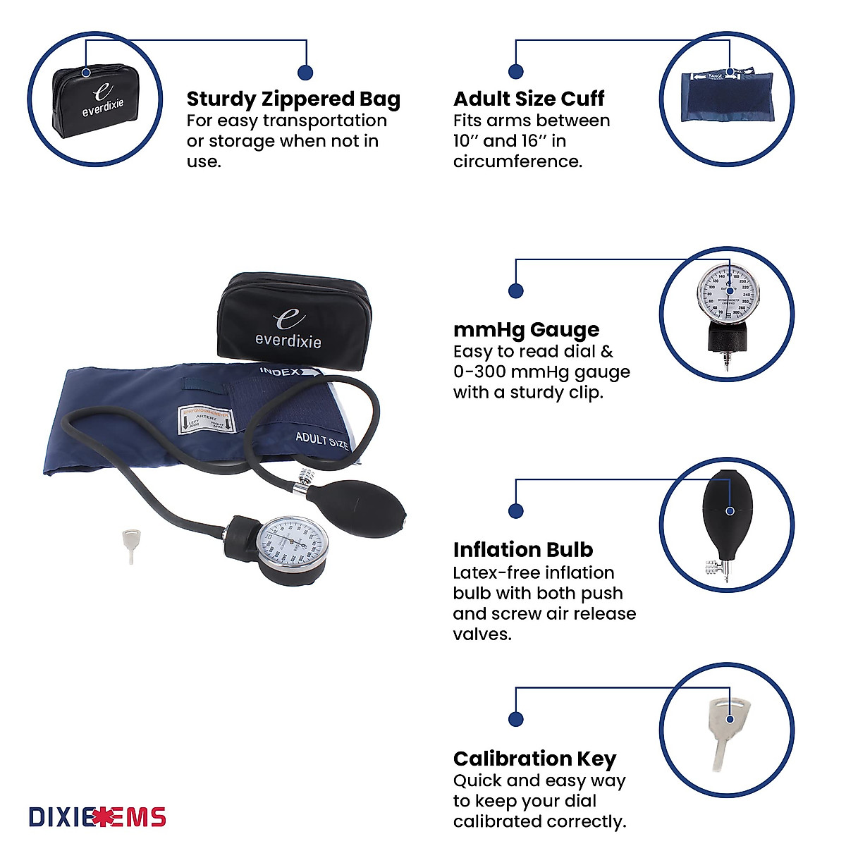 Dixie Ems Deluxe Aneroid Sphygmomanometer Blood Pressure Set W/Adult Cuff, Carrying Case and Calibration Tool - Navy