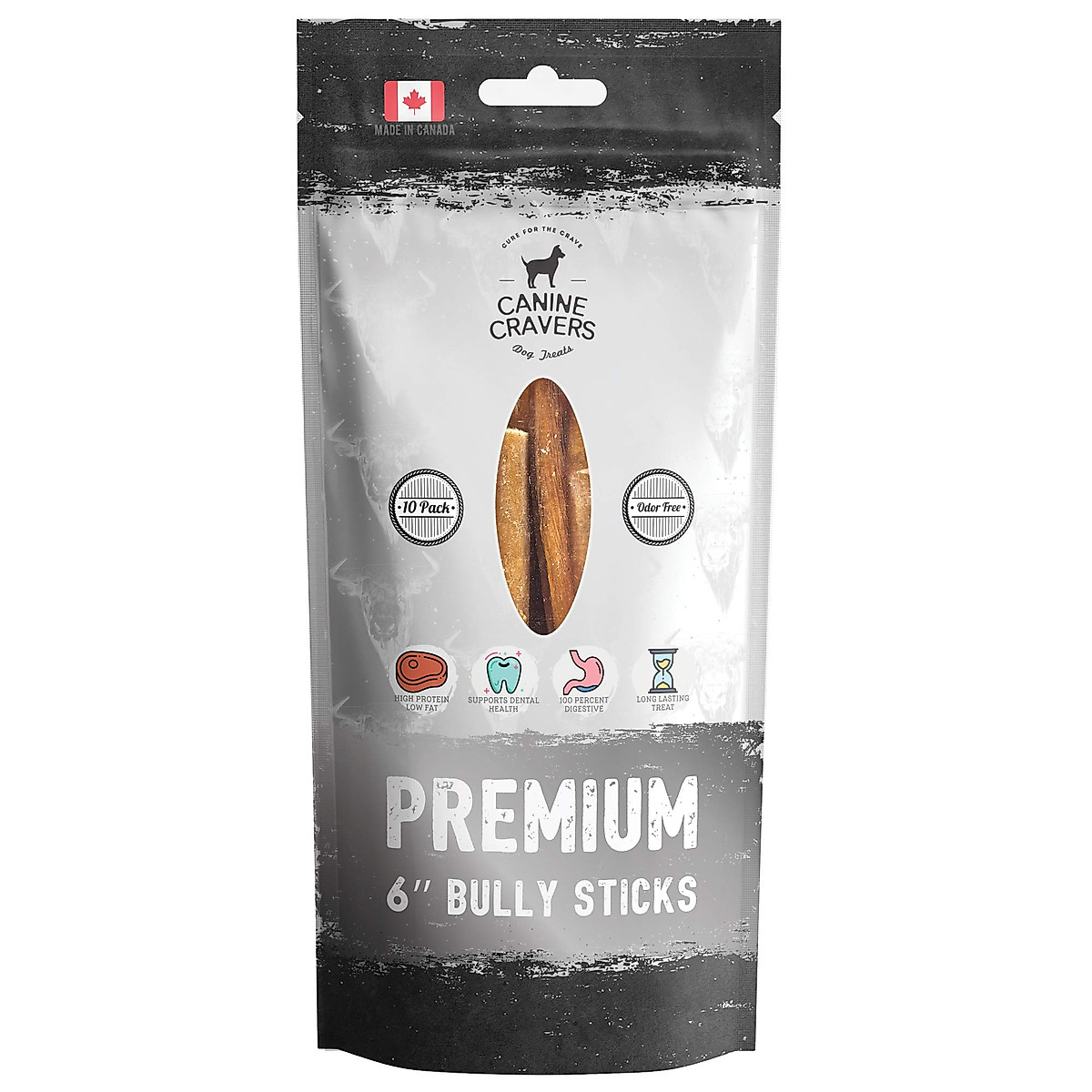 Canine Cravers Maplewood Smoked Bully Sticks 6” Inch - 100% Natural Free Range Grass Fed Beef - Made in Canada - Odor-Reduced Long Lasting, Rawhide Free Dog Chews High Protein Low Fat Dental Care