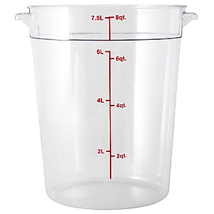 Restaurantware Met Lux 8 Quart Food Storage Container, 1 Round Commercial Storage Container - Lid Sold Separately, With Volume Markers, Clear Plastic Food Prep Bucket, Space-Saving Storage