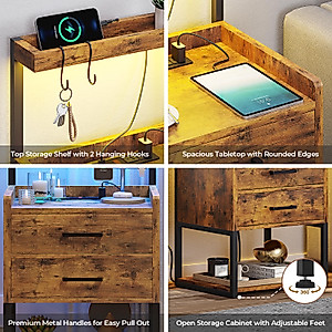 VIAGDO Nightstands Set of 2 with Charging Station, LED Night Stand with 2 Drawers, Rustic Brown Modern Bedside Tables with Open Storage Shelves, End Side Tables for Bedroom, Office