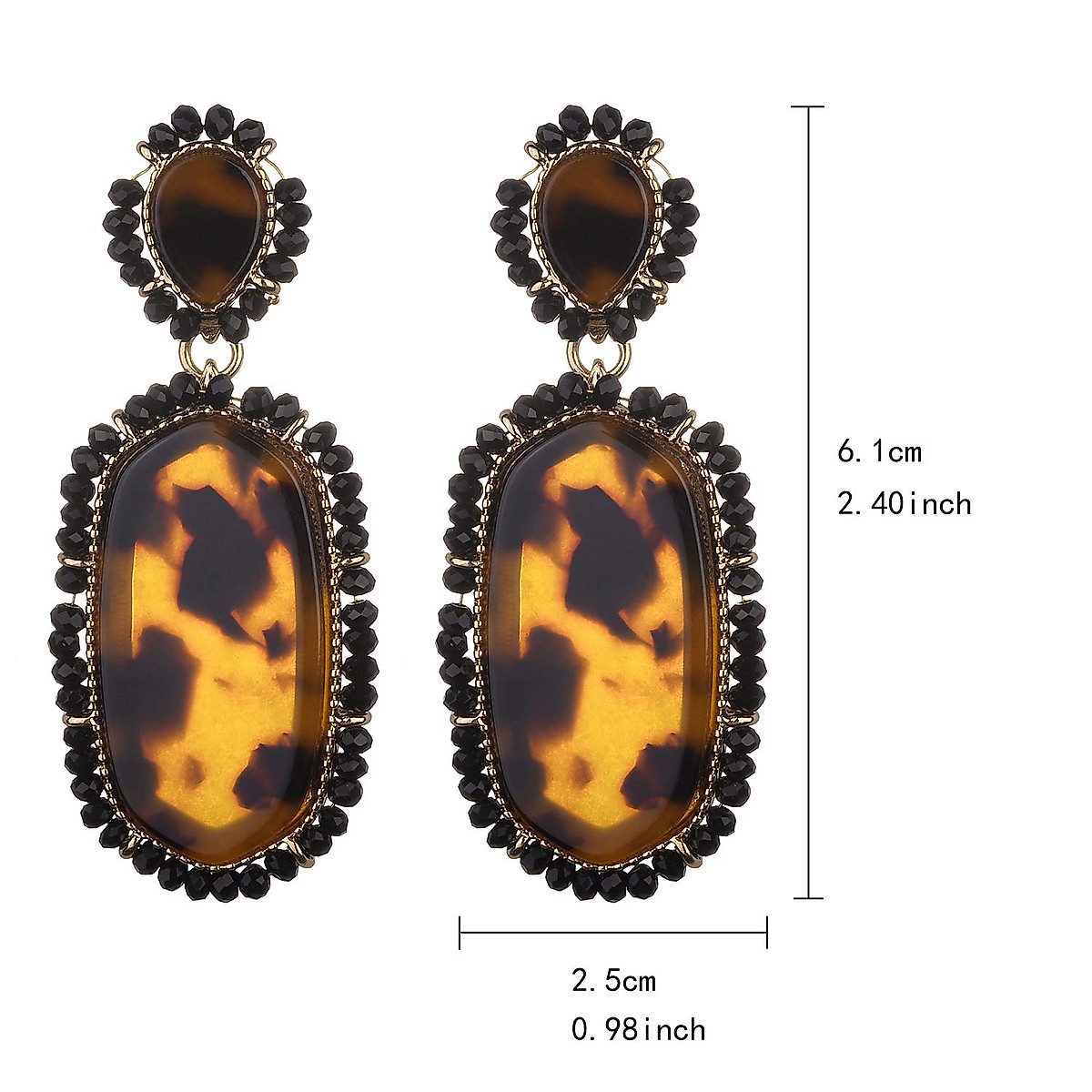 Nicole Miller New York Large Leopard Print Oblong Shaped Acrylic Black Beads Fashion Dangle Earrings