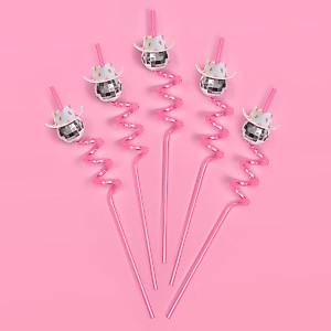 xo, Fetti Disco Cowgirl Pink Reusable Straw Set - 12 pc | Last Disco Bachelorette Decorations, Rodeo Birthday Party Supplies,Space Cowboy Favors