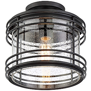 Possini Euro Design Mackie Modern Outdoor Semi Flush-Mount Ceiling Light Fixture Black Geometric 11" Clear Seedy Glass for Exterior House Porch Patio Outside Deck Garage Front Door Garden Home