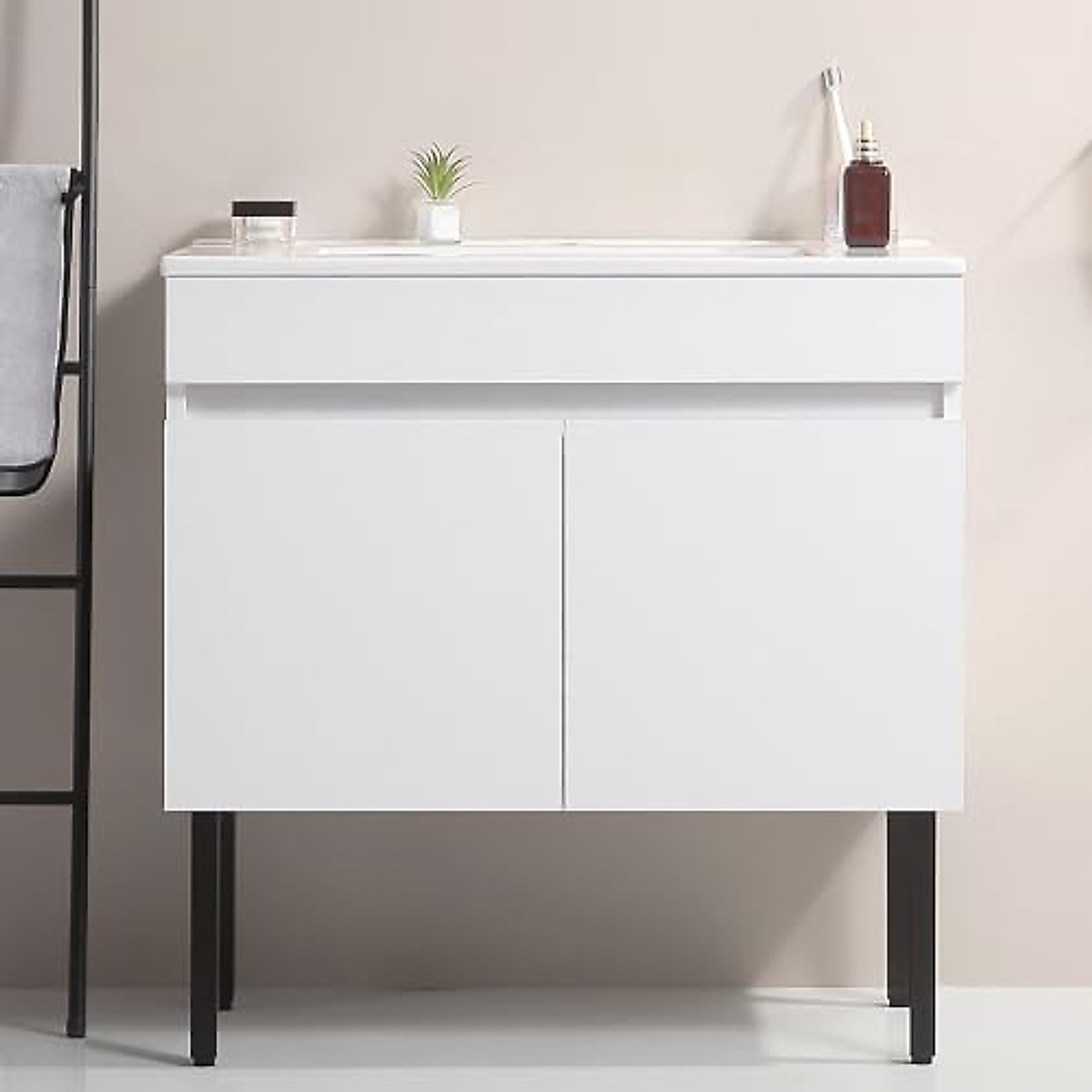 QuixotYDDZ 36 Inch Bathroom Vanity, Modern Freestanding Bathroom Vanity Cabinet with Ceramic Vessel Sink, Rubber Wood Bathroom Storage Cabinet with Top Basin and Metal Legs, White(No Faucets)