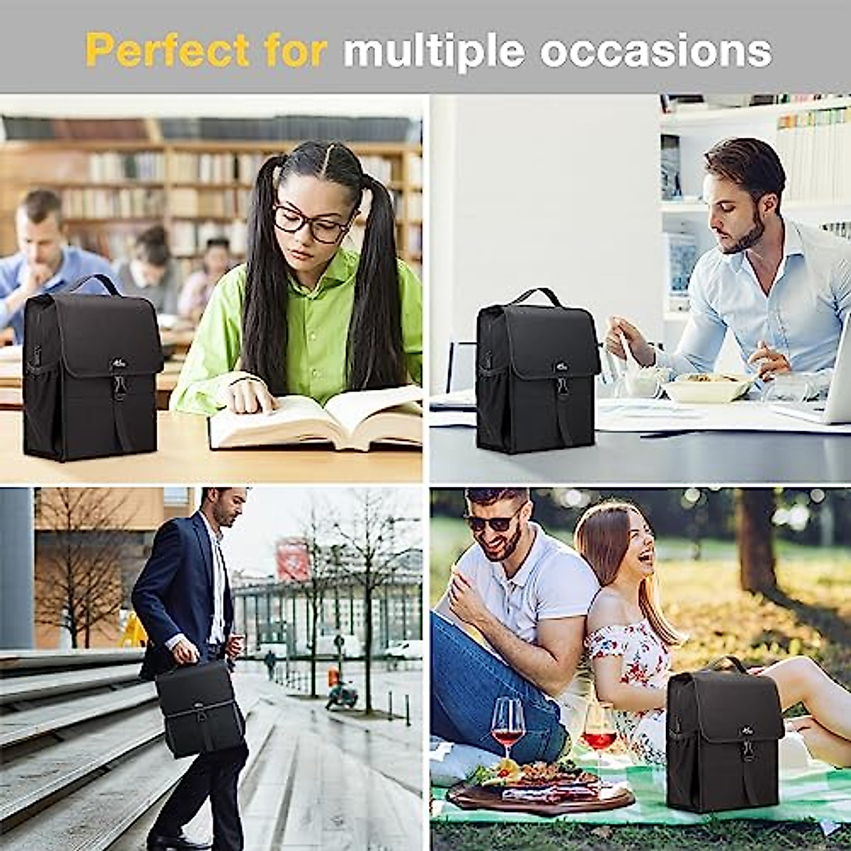 MoKo Insulated Lunch Bag, Reusable Cooler Tote Bag, Collapsible Multi-use Lunch Box, Thermal Lunch Sack with Zipper Closure for Travel Picnic Office, Black