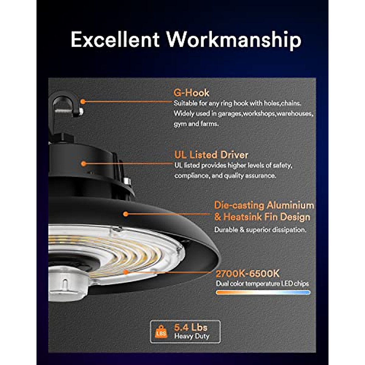 Lumary LED Neon Rope Lights, RGBCW Color Changing Silicone Flexible Rope Lights, 16.4ft UFO LED High Bay Light 150W 22000lm Smart Dimmable 2700K-6500K High Bay