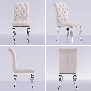 Anewsun Dining Chairs, White Velvet Upholstered Dining Room Chairs Set of 6, Crystal Decor Button Tufted Dining Chairs with Silver Mirror Legs
