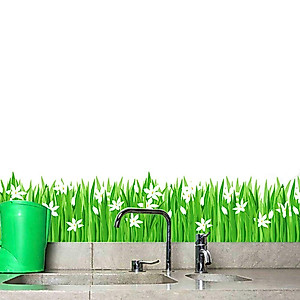BIBITIME Green Grass White Flower Wall Border Decal Vinyl Sticker Peel and Stick Home Art PVC Murals for Living Room Kitchen Bathroom Window Door Nursery Bedroom Children Kids Room Decor