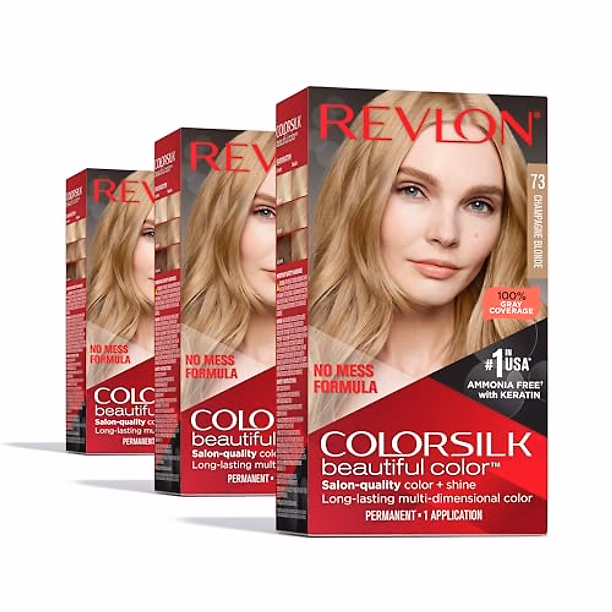 Permanent Hair Color by Revlon, Permanent Blonde Hair Dye, Colorsilk with 100% Gray Coverage, Ammonia-Free, Keratin and Amino Acids, Blonde Shades, 73 Champagne Blonde (Pack of 3)
