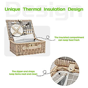 Wicker Picnic Basket for 2 Persons, Willow Picnic Set with Insulated Liner for Picnic, Camping, Outdoor, Valentine Day, Chirtmas, Thanks Giving, Birthday.