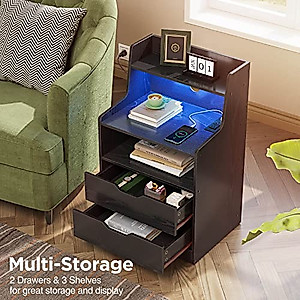 Rolanstar Nightstand with Charging Station and LED Lights, 2 AC and USB Power Outlets, Night Stand with 2 Drawers and Storage Shelves, Bedside Table for Bedroom - Black