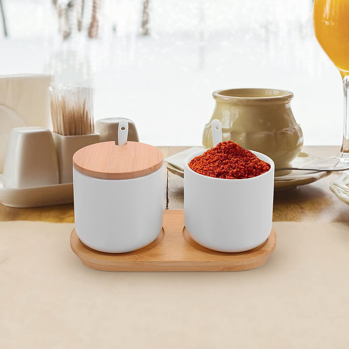 BESTonZON 1 Set Seasoning Jar Set Cruet Bottle Seasoning Jars Seasoning Shakers with Lids Ceramic Sugar Jar Container Salt Shaker Ceramic Seasoning Jar White Seasoning Box Ceramics Bamboo