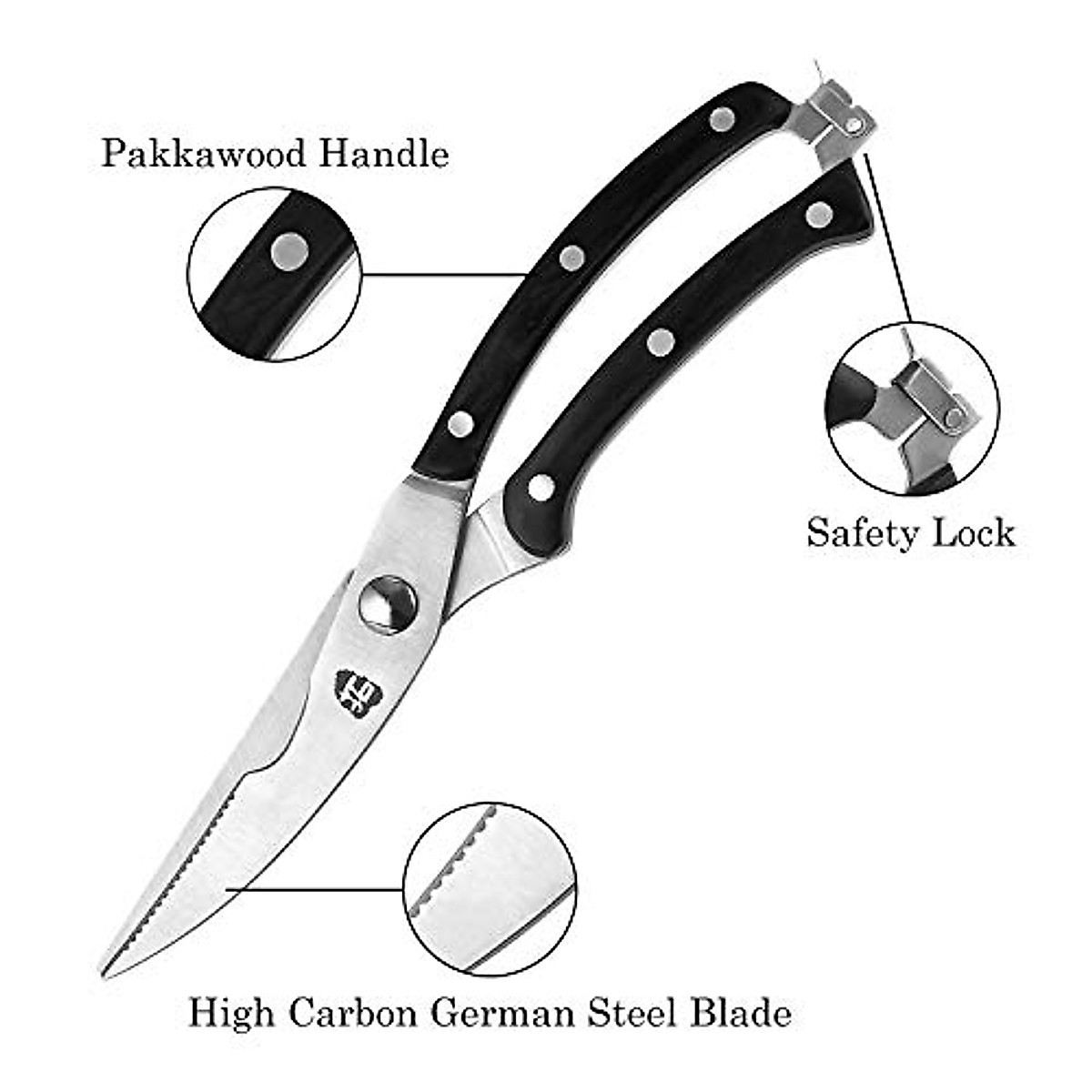 TUO Kitchen Shears - Heavy Duty Kitchen Scissors, Multi-functional Shears for Bone Poultry Meat Fish - German Steel & Pakkawood Handle with Safety Lock - Falcon Series with Gift Box