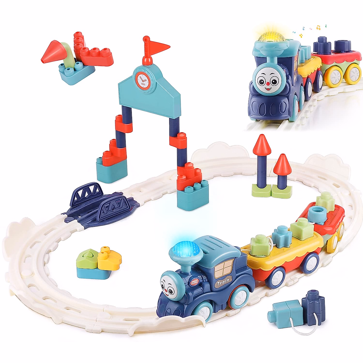 iPlay, iLearn Toddler Musical Train Set Toys, Kids First Electric Railway Tracks Playset, Baby Choo Choo Train W/Learning Blocks, Birthday Gifts for 12 18 Month 1 2 3 4 Year Old Boy Girl Infant Child