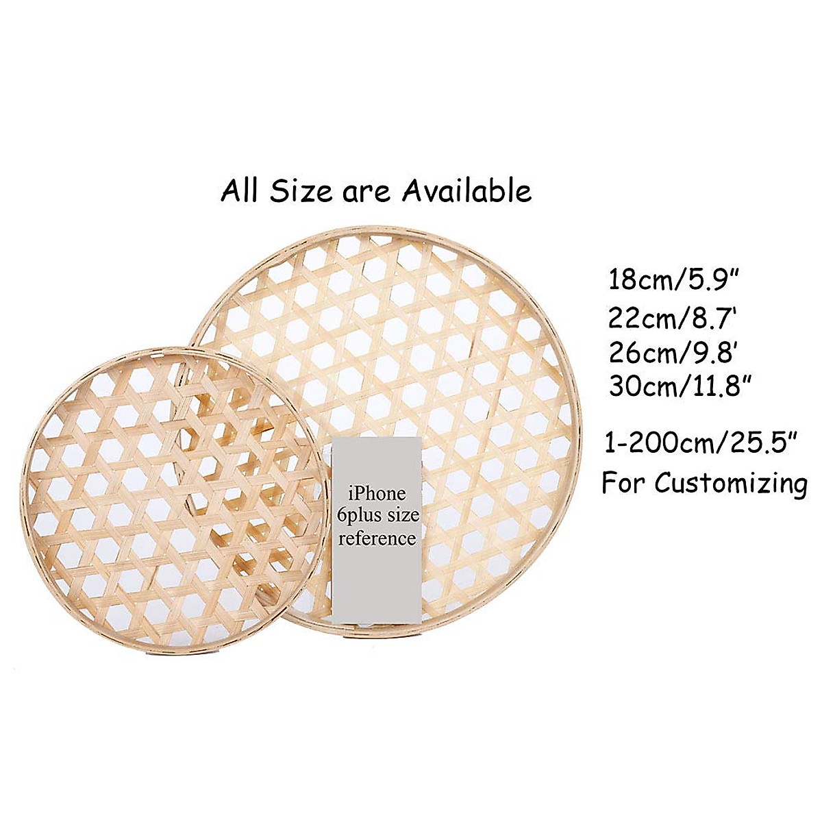 100% Handwoven Flat Wicker Round Fruit Basket Woven Food Storage Weaved Shallow Tray Organizer Holder Bowl Decorative Rack Display Kids DIY Drawing Board (Hexagon Hollow-Bamboo-White, 30cm/11.8")