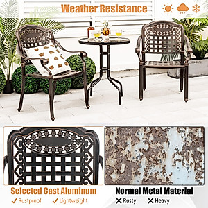 Tangkula Set of 2 Cast Aluminum Patio Dining Chairs, Stackable Outdoor Dining Chairs with Armrests, Outdoor Bistro Chairs for Balcony, Backyard, Garden