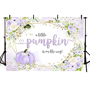MEHOFOND 7x5ft Autumn Pumpkin Backdrop for Girl Baby Shower Purple Floral Baby Girl Party Decor A Little Pumpkin is On The Way Photography Background Gold Glitter Banner Photoshoot Props