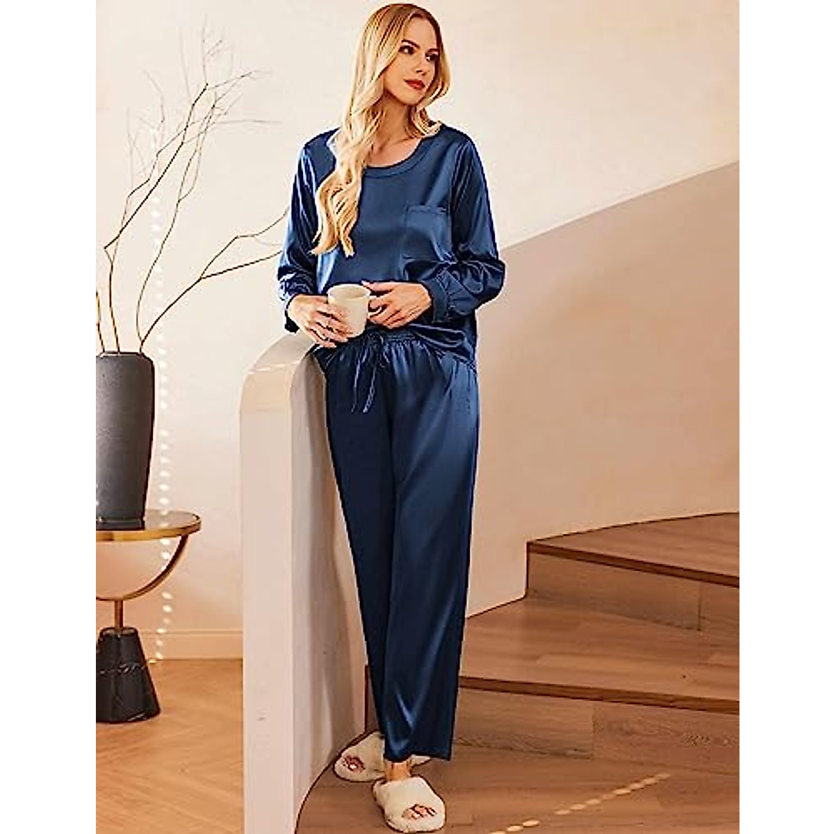 Ekouaer Womens Silk Pjs Satin Lounge Set Silky Nightwear Long Pajama Pant Set Loungewear Long Sleeve Satin Pajama Set Navy Blue M