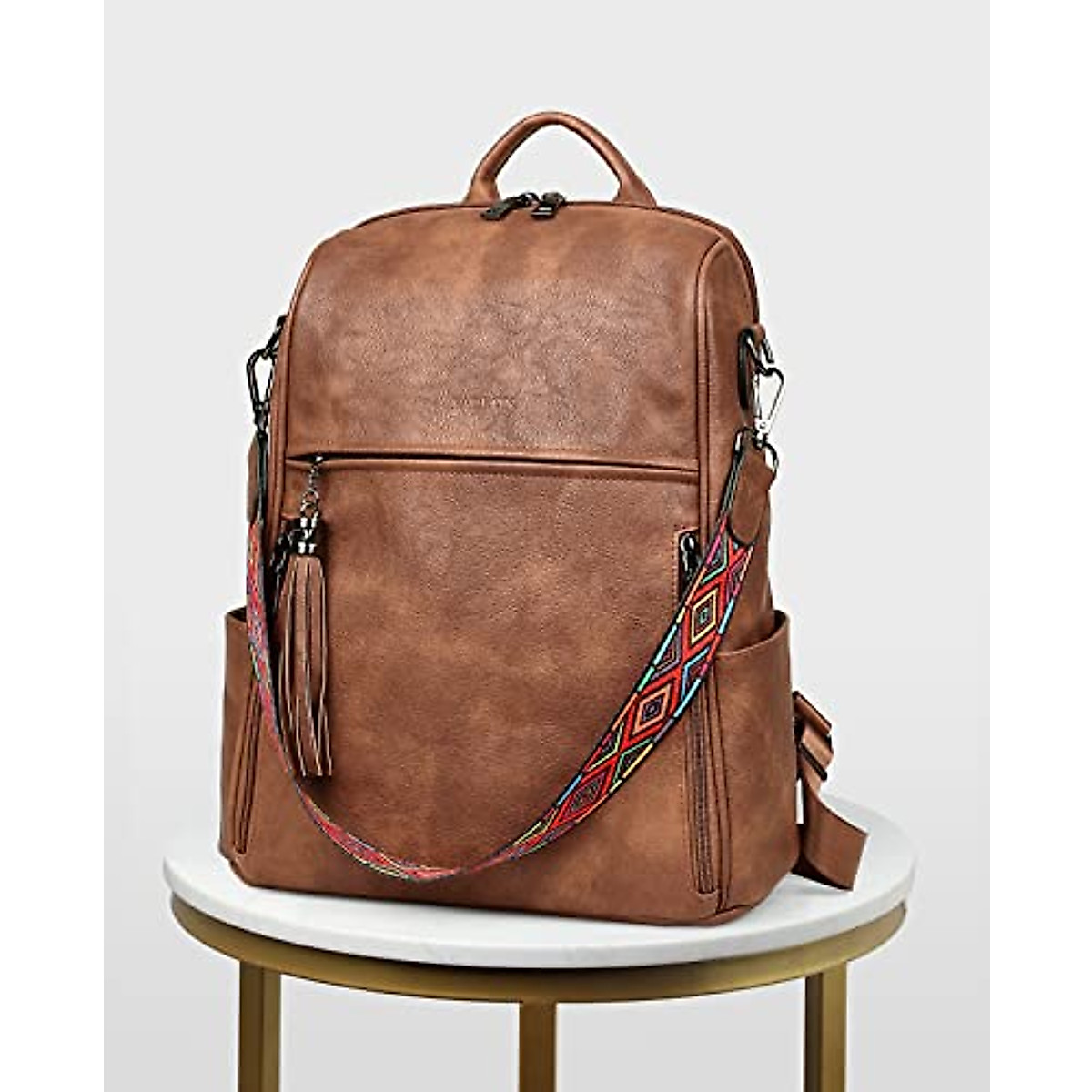 FADEON Leather Backpack Purse for Women Designer Travel Backpack Purses PU Fashion Ladies Shoulder Bag with Tassel Brown