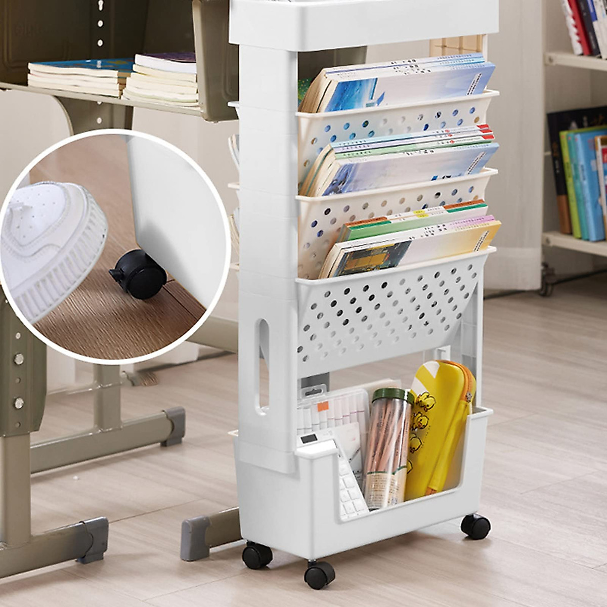 HEEPDD Movable Bookshelf Cart, 5-Tier Plastic Rolling Utility Cart Multifunctional Storage Trolley for Office Living Room Home Kitchen School (White)