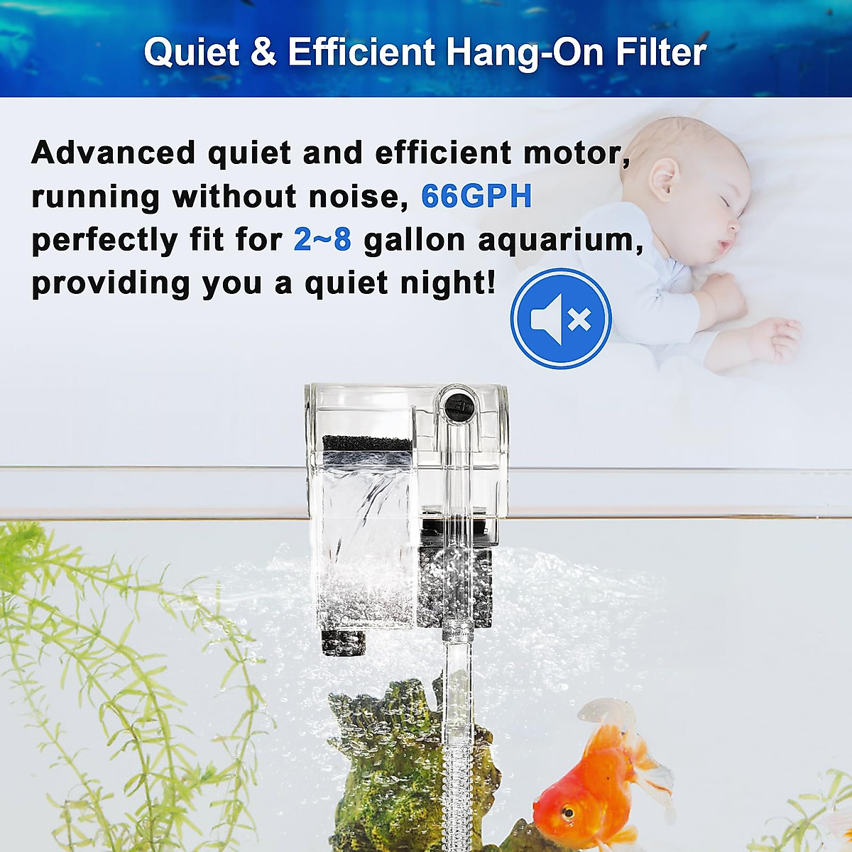 DaToo Aquarium Filter Hang On Waterfall Small Fish Tank Filter Quiet 66GPH 3W Adjustable Fish Tank Filters with Bio-Foam for 2 to 8 Gallons Aquariums