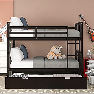 MERITLINE Bunk Bed Full Over Full Size, Wooden Full Bunk Beds with Twin Size Trundle and Ladder, Space Saving Design Bedroom Furniture (Espresso)