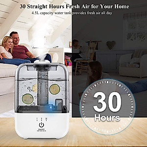 KNGUVTH Cool Mist Humidifier, Quiet Humidifiers for Home Bedroom Babies, 4.5L Top Fill Mist Large Humidifier Ultrasonic Air Humidifier, Works Up to 30 Hours, Adjustable Mist Levels, Auto Shut-Off