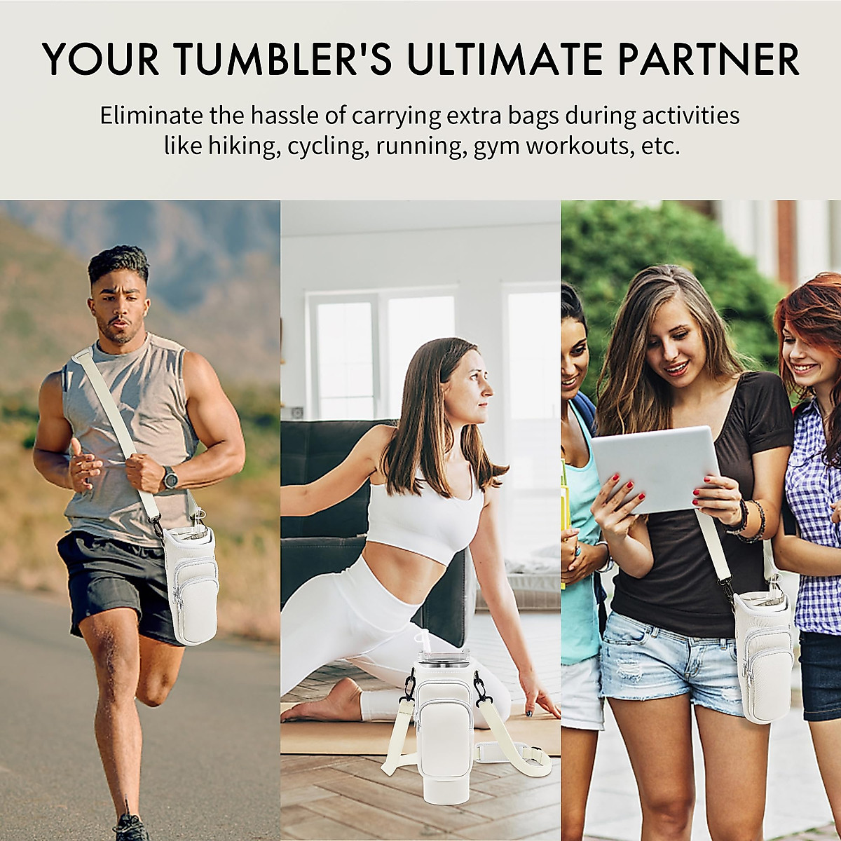 JEBEALUO Water Bottle Carrier Bag with Phone Pocket for Stanley Cup 40/30 oz, Water Bottle Holder with Adjustable Strap& Straw Cover, Stanley Cup Accessories (White)