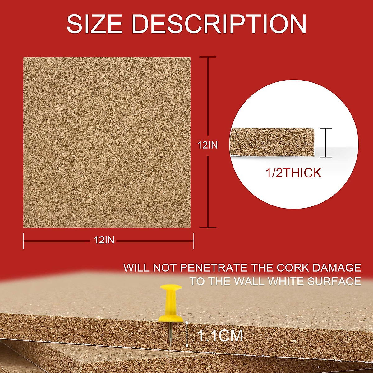 ODOME Cork Board Tiles 12”X 12” – 1/2” Thick Cork Board – Bulletin Board – Pin Board Decoration for Pictures,Ultra Strength Adhesive Backing – 6 Pieces Cork Boards for Walls – 1 Box Push Pins