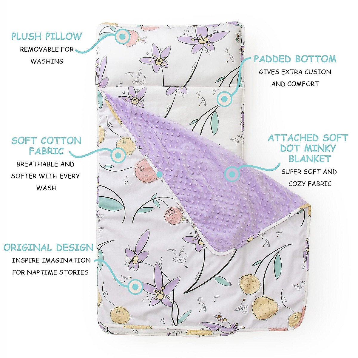 JumpOff Jo - Toddler Nap-Mat - Sleeping Bag for Kids with Removable Pillow and Ultra Soft Blanket for Preschool, Daycare, and Sleepovers - Fairy Blossoms