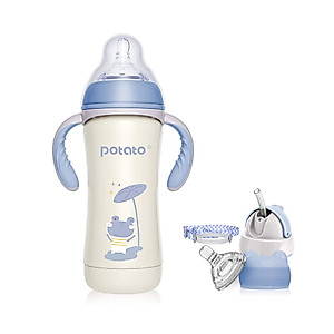 POTATO Baby Thermos Cup Water Bottle for Kids Stainless Steel Sippy Cup with 3 Kinds of Lids,Keeps Cold for 8 Hours 8 oz, Blue