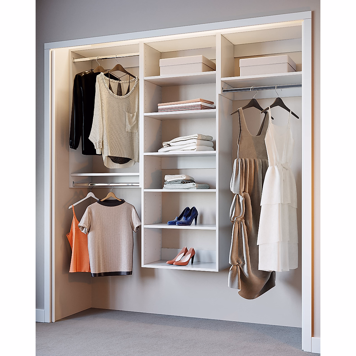 Closet Kit with Hanging Rods & Shelves - Corner Closet System - Closet Shelves - Closet Organizers and Storage Shelves (White, 66 inches Wide) Closet Shelving